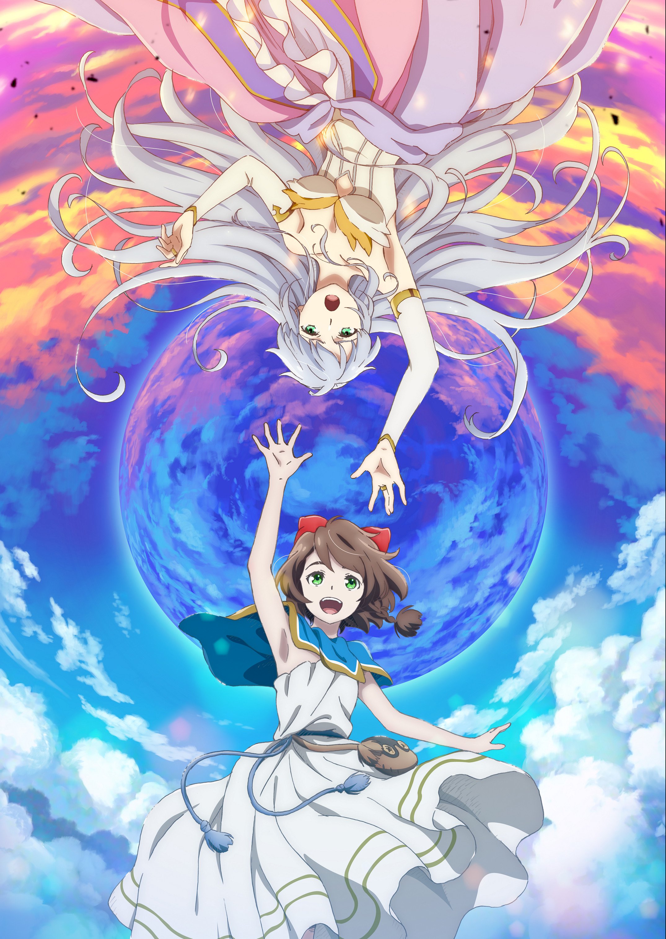 Safebooru - 2girls :d absurdres arm up armpits blue capelet bow breasts brown hair capelet ...